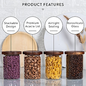 Laramaid 35oz 4Pack Glass Jars Set, Round Pantry Jars with Brown Acacia Lids, Black Labels and White Pen, Minimalist Food Storage Containers for Home, Kitchen and Pantry