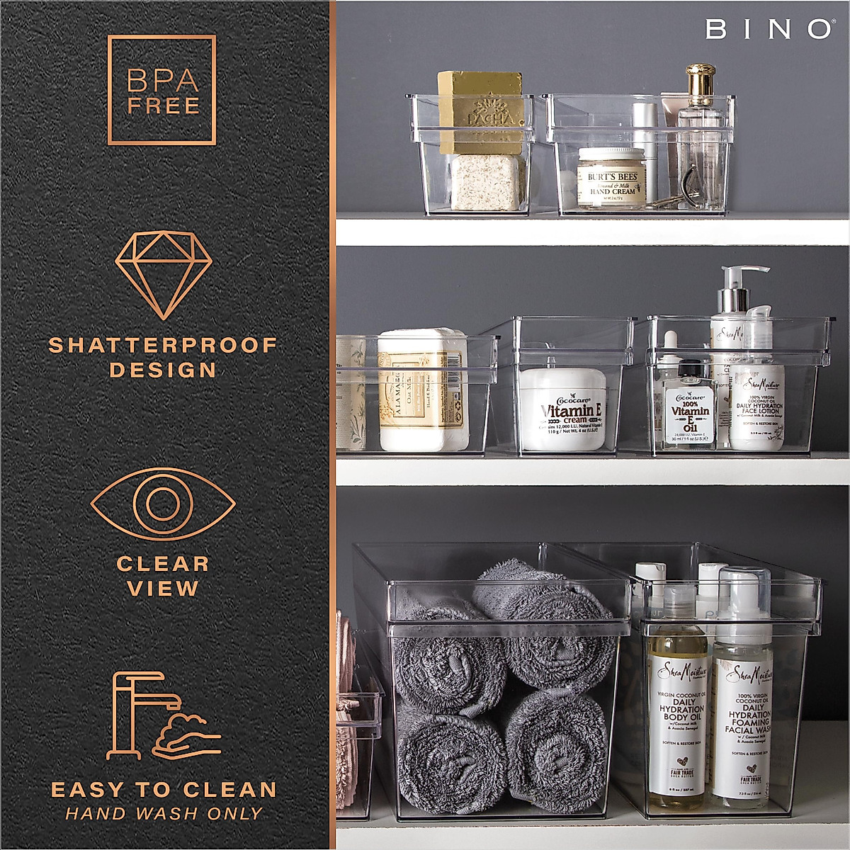 BINO | Plastic Storage Bins, Medium - Shallow | THE HANDLER COLLECTION | Multipurpose Organizer Bins | Kitchen Pantry Organizers and Storage | Clear Containers for Organizing Home | Freezer Organizer