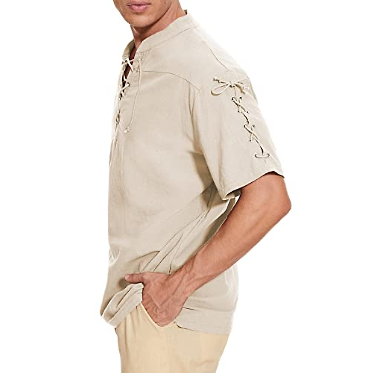 Men's Pirate Shirt Renaissance Medieval Retro Steampunk Gothic Viking Lace up T Shirt Ren Faire Halloween Costume Top 01 Beige Medium
