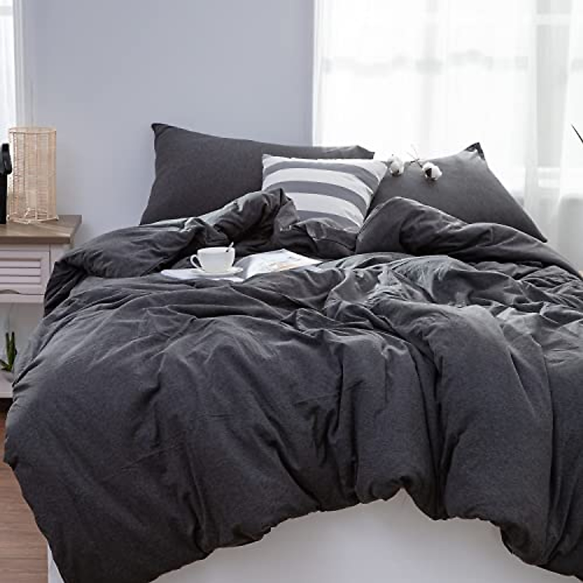 LIFETOWN 100% Jersey Knit Cotton Duvet Cover Set T-Shirt Feel Bedding Set Ultra Soft Wrinkle-Free (Dark Grey, Queen)