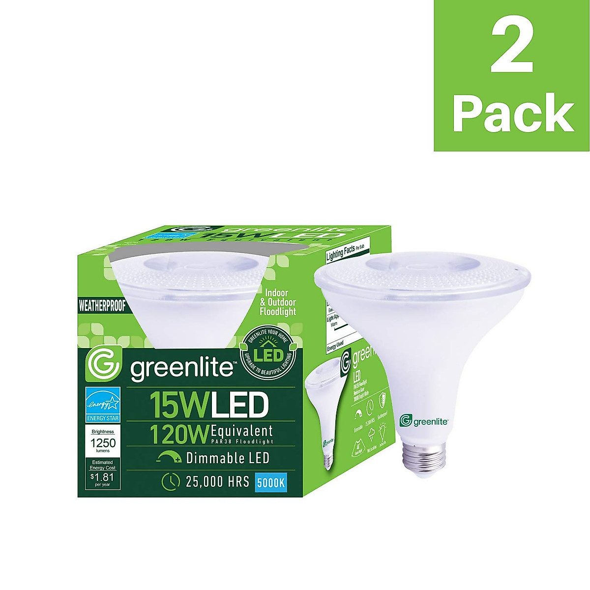 Greenlite LED PAR38 Dimmable Flood Light Bulb, 15W (120W Equivalent), 1250 Lumens, 5000k Daylight, Weatherproof, Indoor/Outdoor, 120V, Energy Star, (2 Pack)