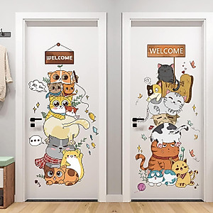 RAINBOW WSK Animal Cat Wall Decal Welcome Peel and Stick Wall Decor Funny Cat Wall Decor for Kids Girls Bedroom Nursery Cute Cat Wall Art for Classroom Door Removable Vinyl Wall Stickers