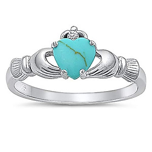 PERFECTJEWELZ Celtic Claddagh Simulated Turquoise Promise Ring 925 Sterling Silver 9mm Size 9