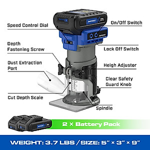 AMPFORCE 20V Cordless Router Tool, 6 Variable Speeds 30,000RPM Brushless Trim Router, Compact Wood Palm Router for Woodworking with Fixed Base, Trim Router Bits, and 2 Batteries