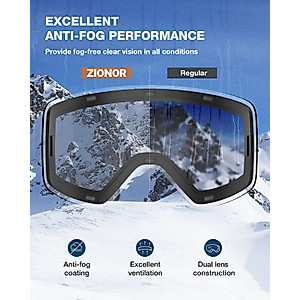 ZIONOR X11 Ski Snowboard Snow Goggles with Magnetic Interchangeable Cylindrical Lens Anti-fog UV Protection for Men Women Adult （VLT 15% Clear Rose Lens）
