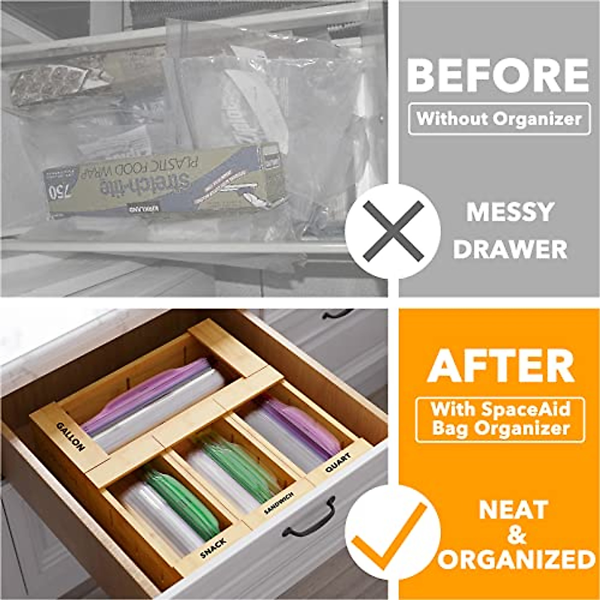 SpaceAid Bamboo Drawer Dividers with Inserts and Labels, 4 Dividers with 9 Inserts (17-22 in), Bag Storage Organizer (4 Pack)