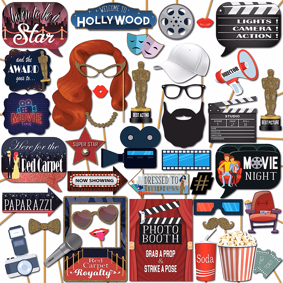 Hollywood Photo Booth Props - 41-pc Photobooth Kit with 8 x 10-Inch Sign, 60 Adhesive Pads, 45 Sticks - Movie Night Supplies - Hollywood Party Decorations