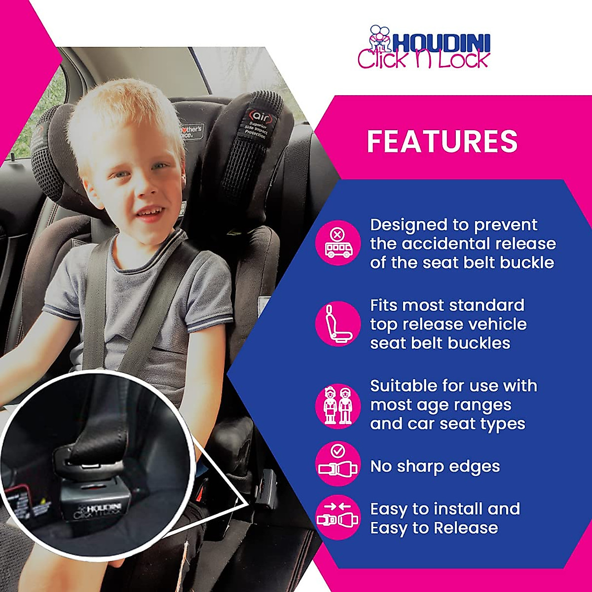 Houdini Click N Lock Car Seat Buckle Guard I Seatbelt locks for Kids and Adults with Special Needs I Child Seat Belt Buckle Cover that Prevents the accidental release of the seat belt buckle I NZ Made