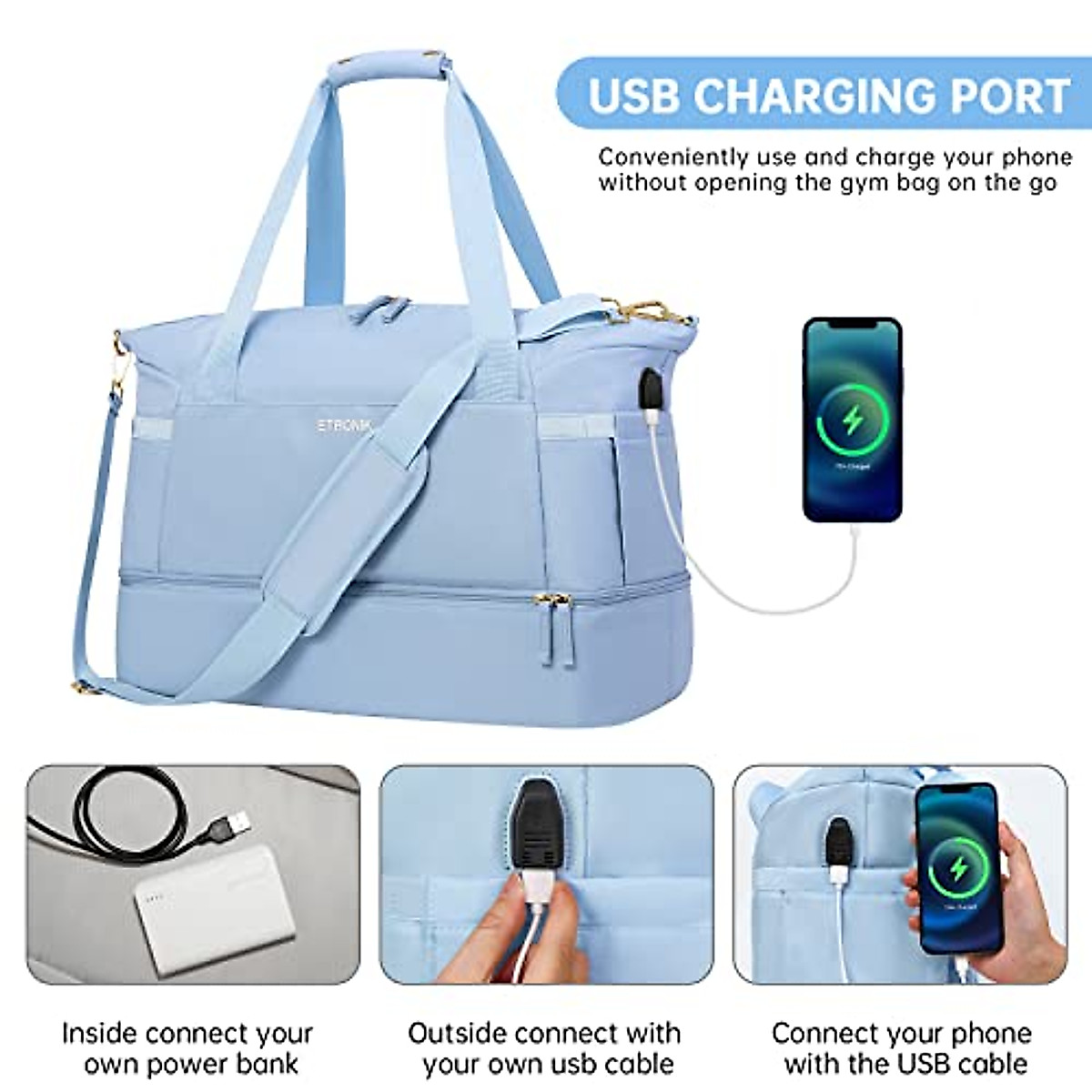 Weekender Bag for Women, Travel Bag with Shoe Compartment & USB Charging Port, Gym Bag with Wet Compartment, Overnight Duffel Bag Hospital Bag for Women Travel Sports Shopping School (Blue)
