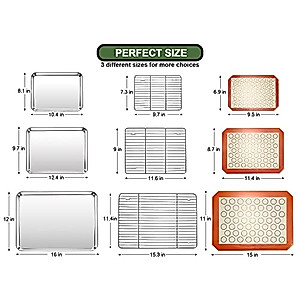Baking Sheet Tray Cooling Rack with Silicone Mat Set, Stainless Steel Cookie Pan For Oven, Set of 9 (3 Sheets + 3 Racks Mats), Warp Resistant & Heavy Duty Easy Clean