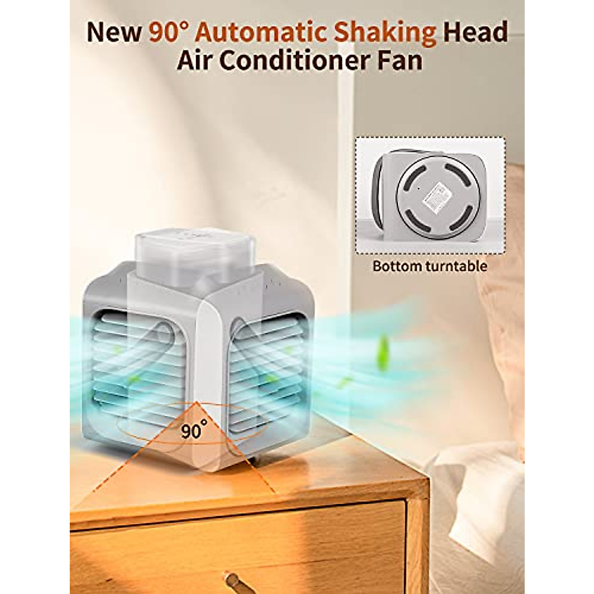 TANING Portable Air Conditioner, Personal Mini Air Cooler, 3 in 1 90° Automatic Head-Shaking Rechargeable Evaporative Air Cooler, 3 Fan Speed, 7 Colors LED Lights Cycle Gradient