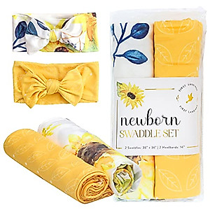 First Landings Newborn Swaddle Set - Matching Headband and Baby Blanket (Set of 2 Each) 36" x 36" Receiving Baby Blanket Boy and Girl - For Newborn Photography, Nursing Covers, Burp Cloths (Sunflower)