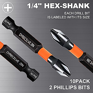 10-Pack Phillips Bits #2 Impact Magnetic 2 Phillips Bits- PH2 Bits Premium S2 Alloy Steel Phillips Head Drill Bits- Phillips Screwdriver Bits (2-Inch Long Phillips Bit Set) 1/4 Hex Shank Screw Bits