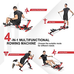 Goplus 4 in 1 Folding Rowing Machine, AB Crunch Workout Machine w/3-Level Angle & Adjustable Tension, Control Panel, Multi-function Rower AB Fitness Equipment for Home & Gym Use