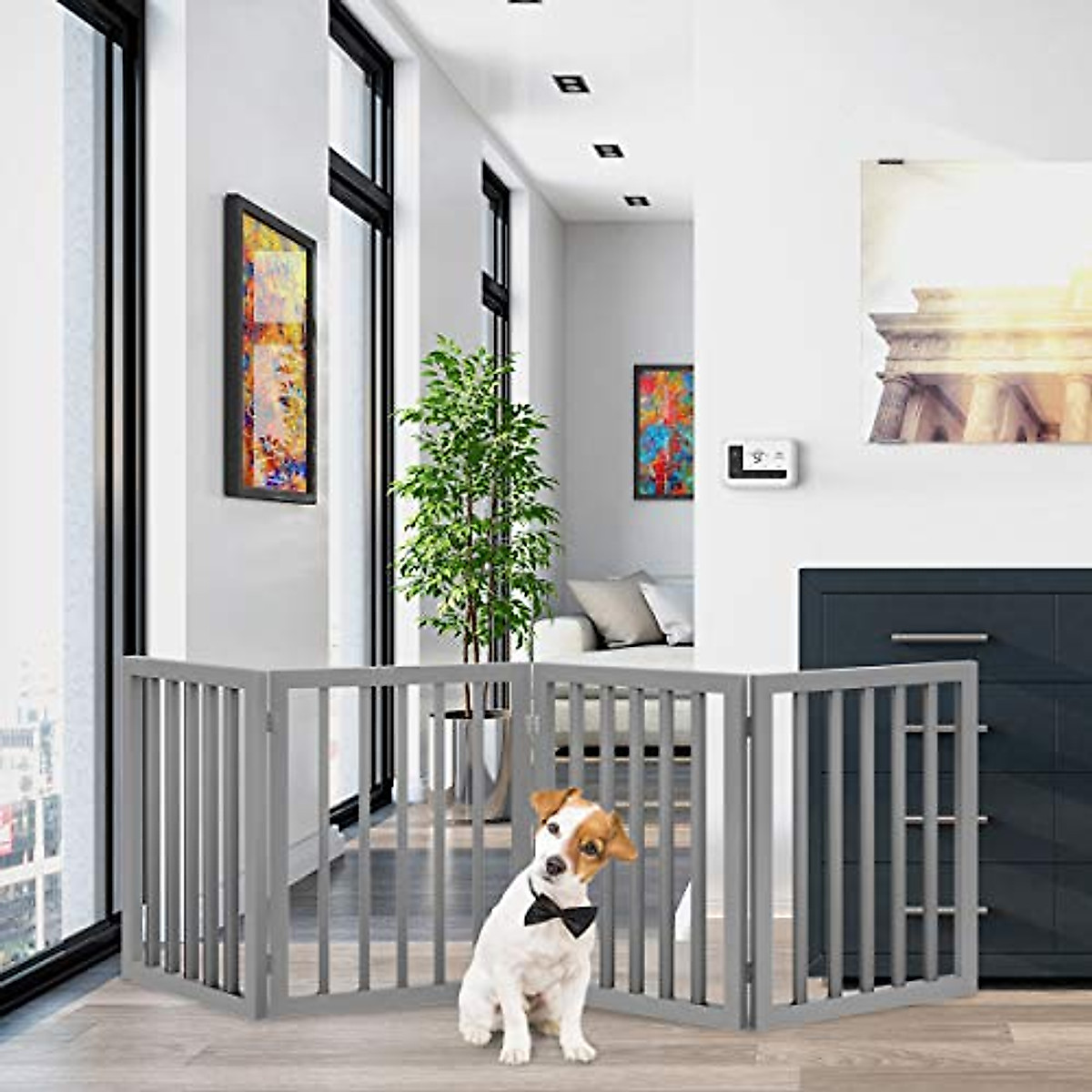 PETMAKER Freestanding Pet Gate - Wooden Folding Fence for Doorways, Halls, Stairs & Home - Step Over Divider - Great for Dogs & Puppies,Gray