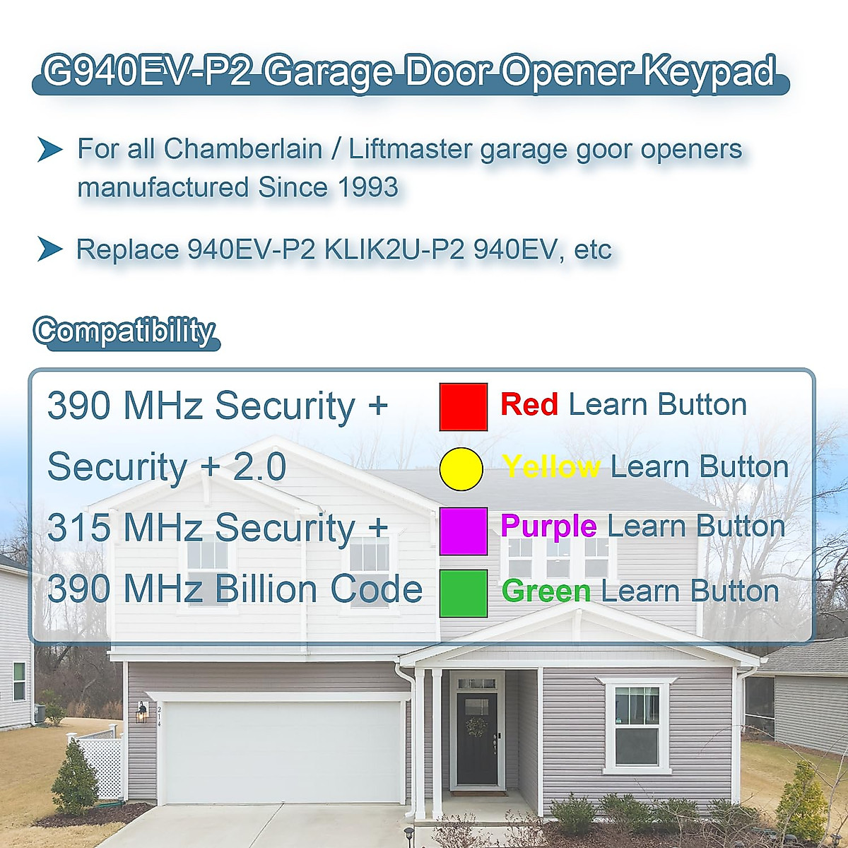 ATEEfaee G940EV-P2 Universal Garage Door Keypad, Replaces 940EV-P2 KLIK2U-P2 940EV Wireless Keyless Keypad for All Chamberlain/Liftmaster Garage Door Openers Produced Since 1993