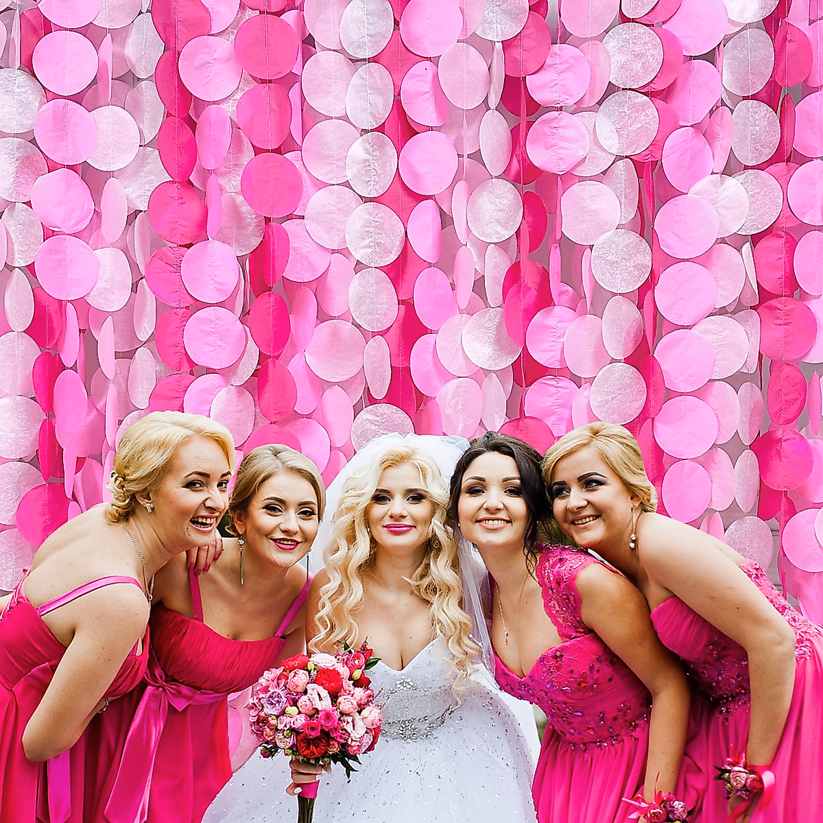 205Ft Hot Pink Party Decorations Big Polka Dots Backdrop Garland Rose Pink Circle Dots Tissue Paper Hanging Curtain Streamer for Bachelorette Birthday Bridal Shower Wedding Engagement Party Supplies