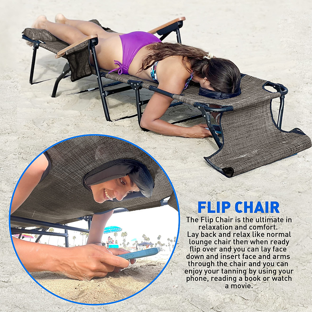 EASYGO PRODUCTS FLIP Face Down Tanning Chaise Lounge Chair with Face & Arm Holes - 4 Legs Support - Textilene Material - 6 Position - Arm Head Rest Pillow - Beach or Home Use - PATENTS Pending, Brown