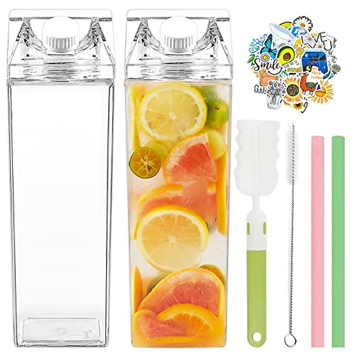 ZORRITA 2 Pack 17oz Milk Carton Water Bottles Clear Plastic Square Water Bottles with Straw, Brush and 50pcs Stickers Reusable for Juice, Ice Water