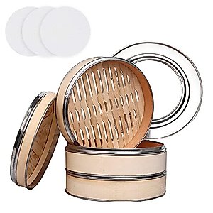 Bamboo Steamer 3 Tiered 9.5" Multifunction Dumpling Vegetable Bun Rice Baskets Steamers Stacking Basket for Efficient Food Steaming and Cooking with Stainless Steel Cook Ring and Silicone Sheet Liner