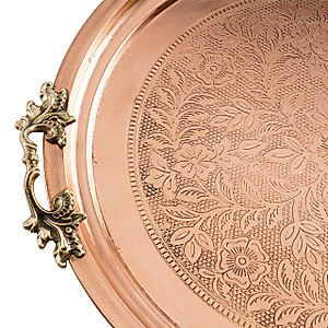 Hammered Copper Serving Tray with Brass Handle - Decorative Round Coffee Table Tray - Multi-Purpose Kitchen Food Tray Decorative for Breakfast, Dinner, and Parties, 14 Inch (Flower Design)