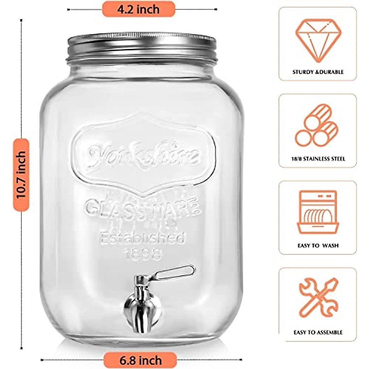 Drink Dispensers for Parties,2 Pack 1 Gallon Beverage Dispenser with Leak-Proof Stainless Steel Spigot plus Ice Cylinder and Fruit Infuser,Mason Jar Glass Drink Dispenser for Water Sangria Lemonade