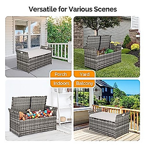 VINGLI 40 Gallon Outdoor Storage Bench with Cushion, Rattan Storage Box, Patio Wicker Deck Box with Seat for Garden | Balcony | Porch | Pool | Yard (Grey Frame + Light Grey Cushion)