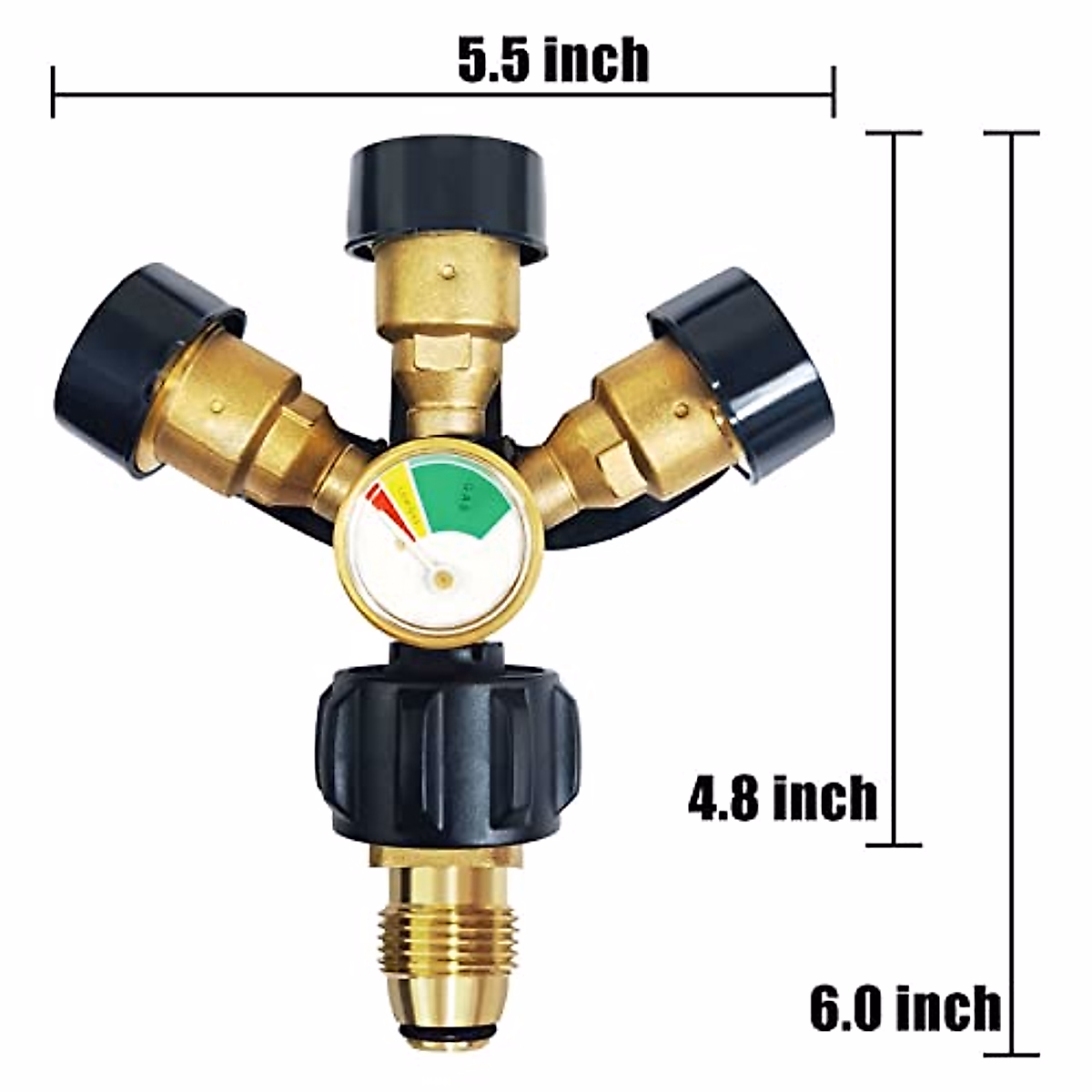 NQN Upgraded 3 Way Propane Splitter QCC/POL with Gauge and Shut-Off Valve, Propane Tank 3 Y Splitter Adapter, Propane LP Tank Fuel Tee Gauge Adapter Fitting 3 Way Propane Gas Splitter for Propane Tank