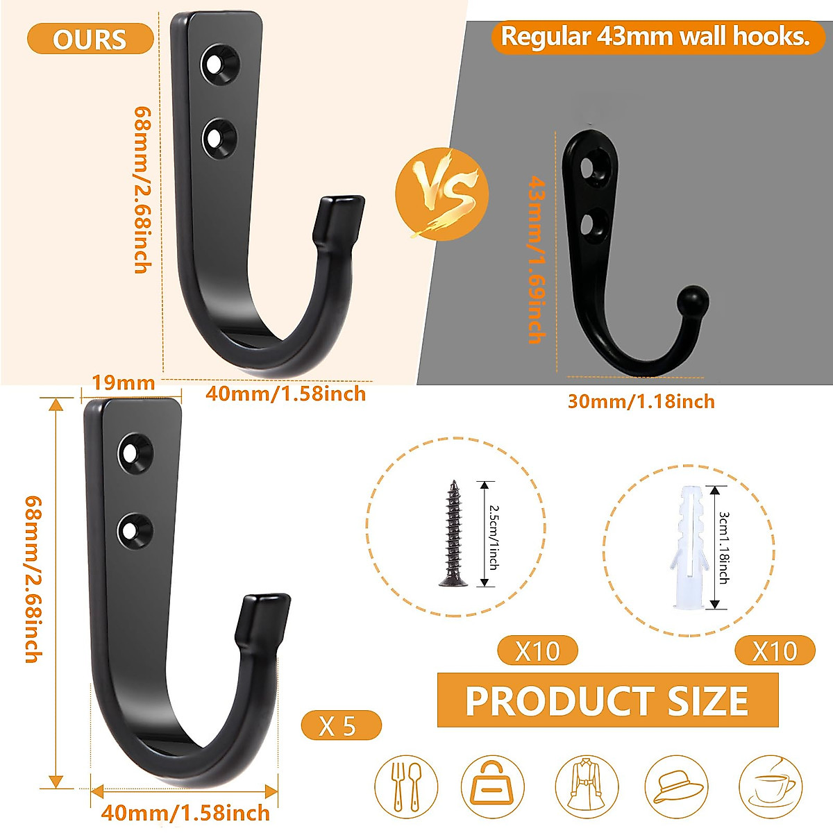 WODEGIFT 5Pcs Large Size Wall Hooks, Heavy Duty Wall Hooks for Hanging, Coat Hooks for Hanging, Large Size Wall Hooks, for Hanging Heavy Duty Pans, Backpacks, Coats and Garage Items (Black Hooks)