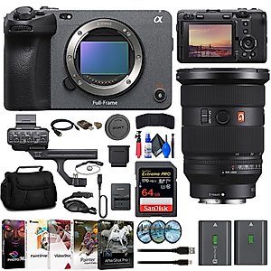 Sony FX3 Full-Frame Cinema Camera (ILME-FX3) FE 24-70mm Lens + 64GB Card + Filter Kit + Bag + NP-FZ100 Compatible Battery + Card Reader + Corel Photo Software + Flex Tripod + More (Renewed)