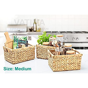 Wicker Baskets for Storage Organizing, Water Hyacinth Storage Baskets Rectangular with Wooden Handles for Shelves, Natural Wicker Storage Basket Bins - Set of Wicker Baskets for Home Organization