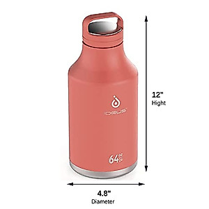 IDEUS Insulated Stainless Steel Water Bottle with 2 Leak-Proof Lids, Thermal Water Flask for Hiking Biking, 64oz, Red
