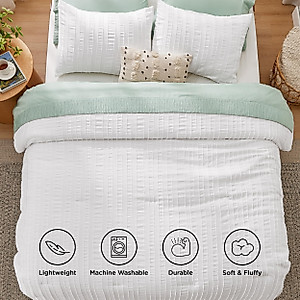 Bedsure Boho Comforter Set Queen - Bright White Tufted Bed Set, 3 Pieces Farmhouse Shabby Chic Embroidery Bedding, Striped Pattern Comforter for All Seasons