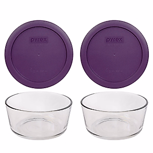 Pyrex (2 7201 4 cup Glass Dishes & (2) 7201-PC 4 Cup Purple Lids Made in the USA
