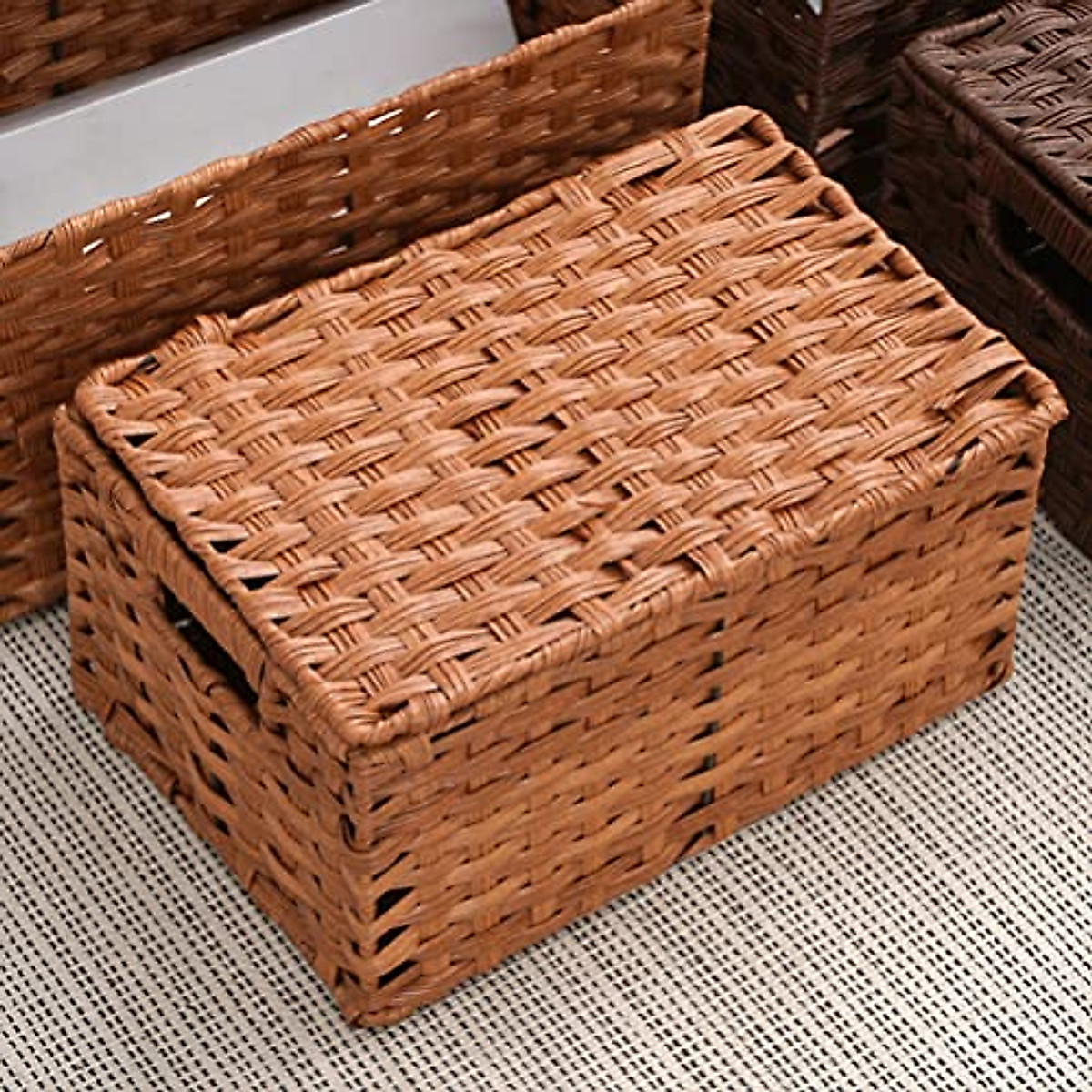 Zerodeko Rattan Storage Basket with Lid Woven Shelf Baskets Imitation Handwoven Wicker Basket Sundries Organizer Boxes Home Decor for Makeup Clothes Home Items