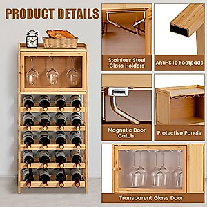 COSTWAY Freestanding Wine Rack, 20-Bottle Wine Display Shelf w/ 100% Bamboo Material, Glass Holder, Transparent Cabinet Door, Vertical Wine Bar Cabinet Organizer for Kitchen, Pantry, Home Bar