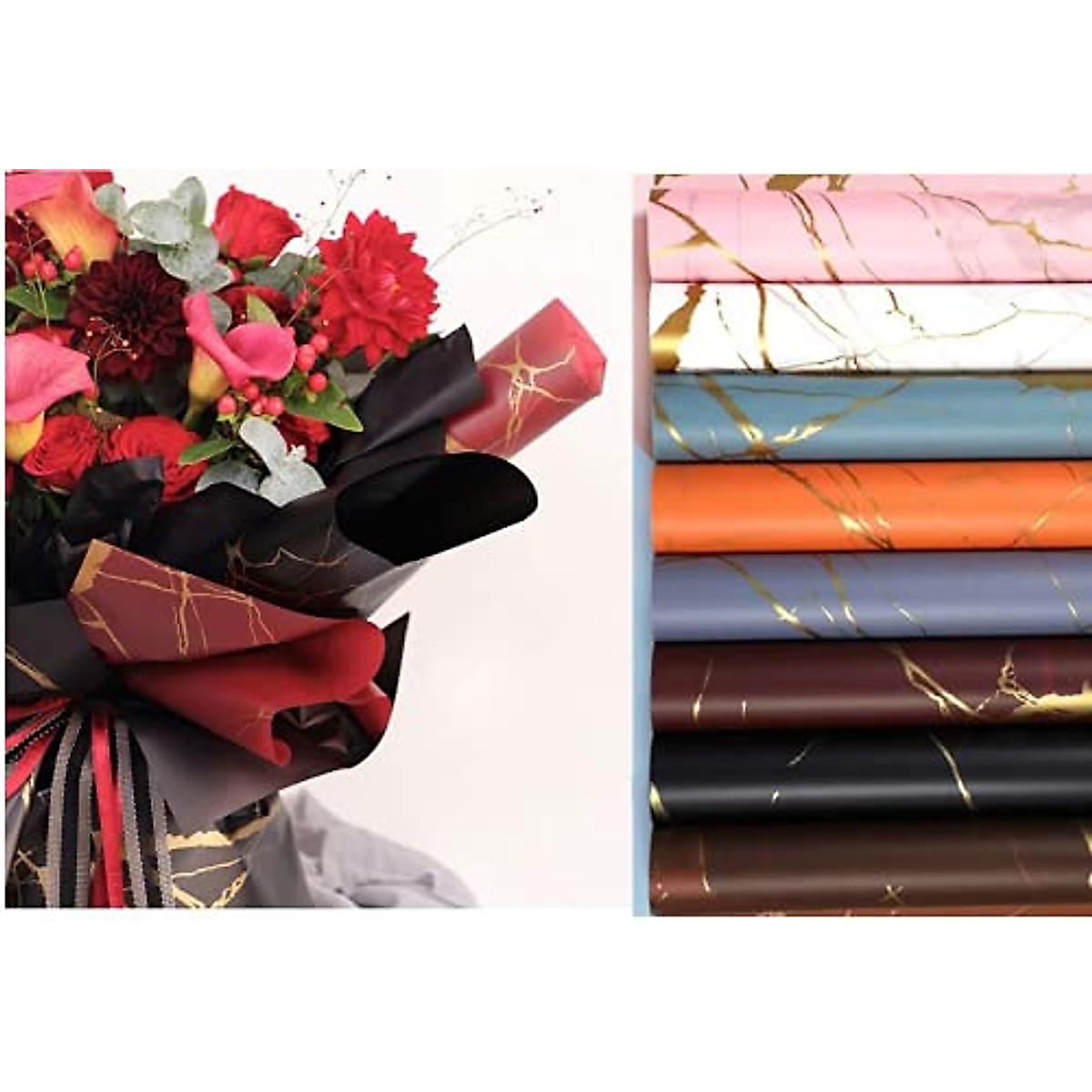 Xshelley (24 sheets marbled flower wrapping paper 8-color flower shop bouquets, DIY crafts, gift packaging or gift box packaging, waterproof flower wrapping paper 23X23 inches