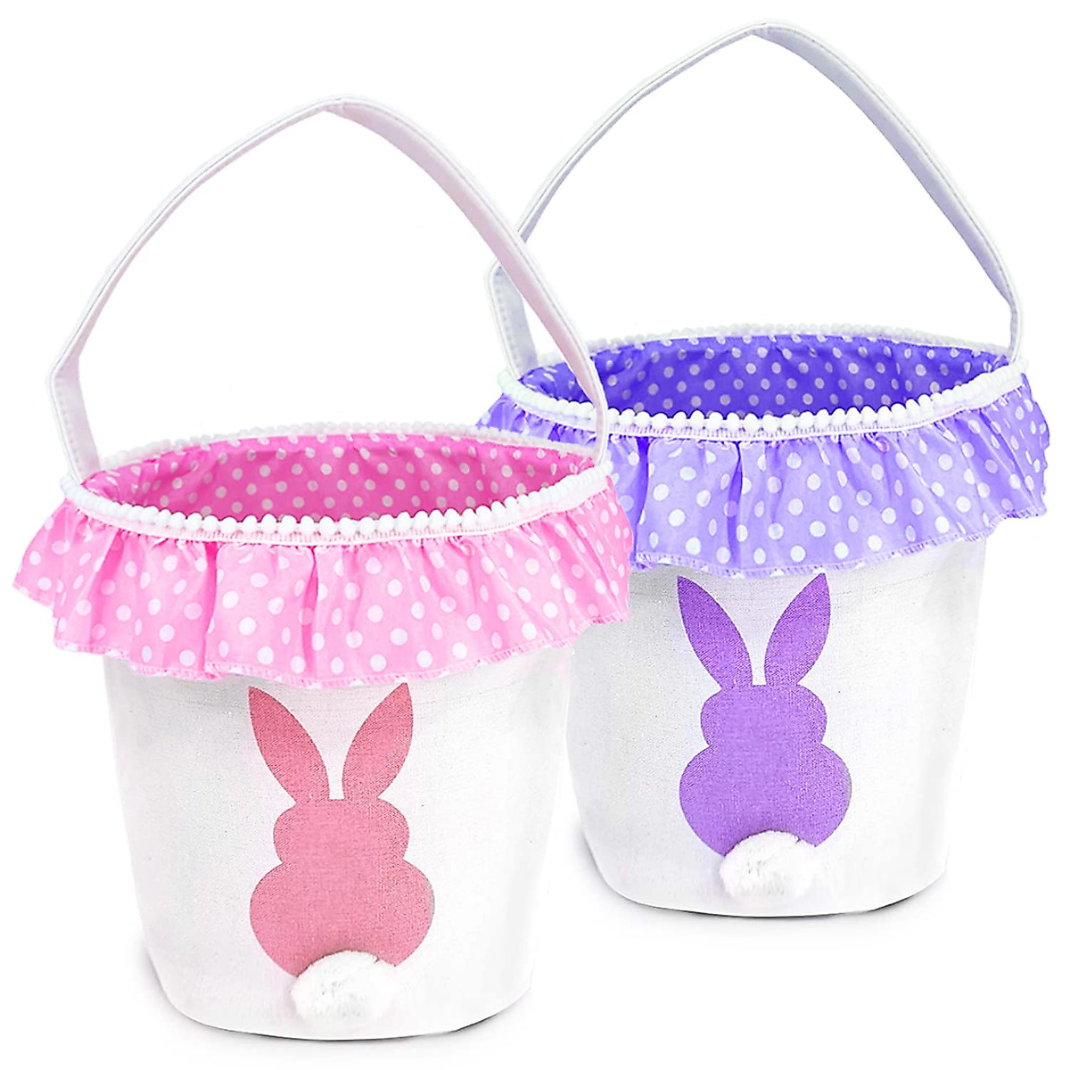 2 Pack Easter Eggs Hunt Basket for Kids Easter Bunny Canvas Baskets Ruffle Easter Basket Rabbit Fluffy Tails Bucket Tote Eggs Candy and Gifts Carry Bucket, Easter Party Supplies (Purple & Pink)