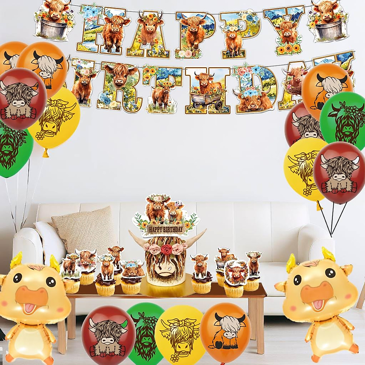 HXJFGDM Highland Cow Birthday Decorations - Highland Cow Party Decorations,Include Happy Birthday Banner Brown Highland Cow Flower Balloons for Farm Animal Holy Cow Party Decor