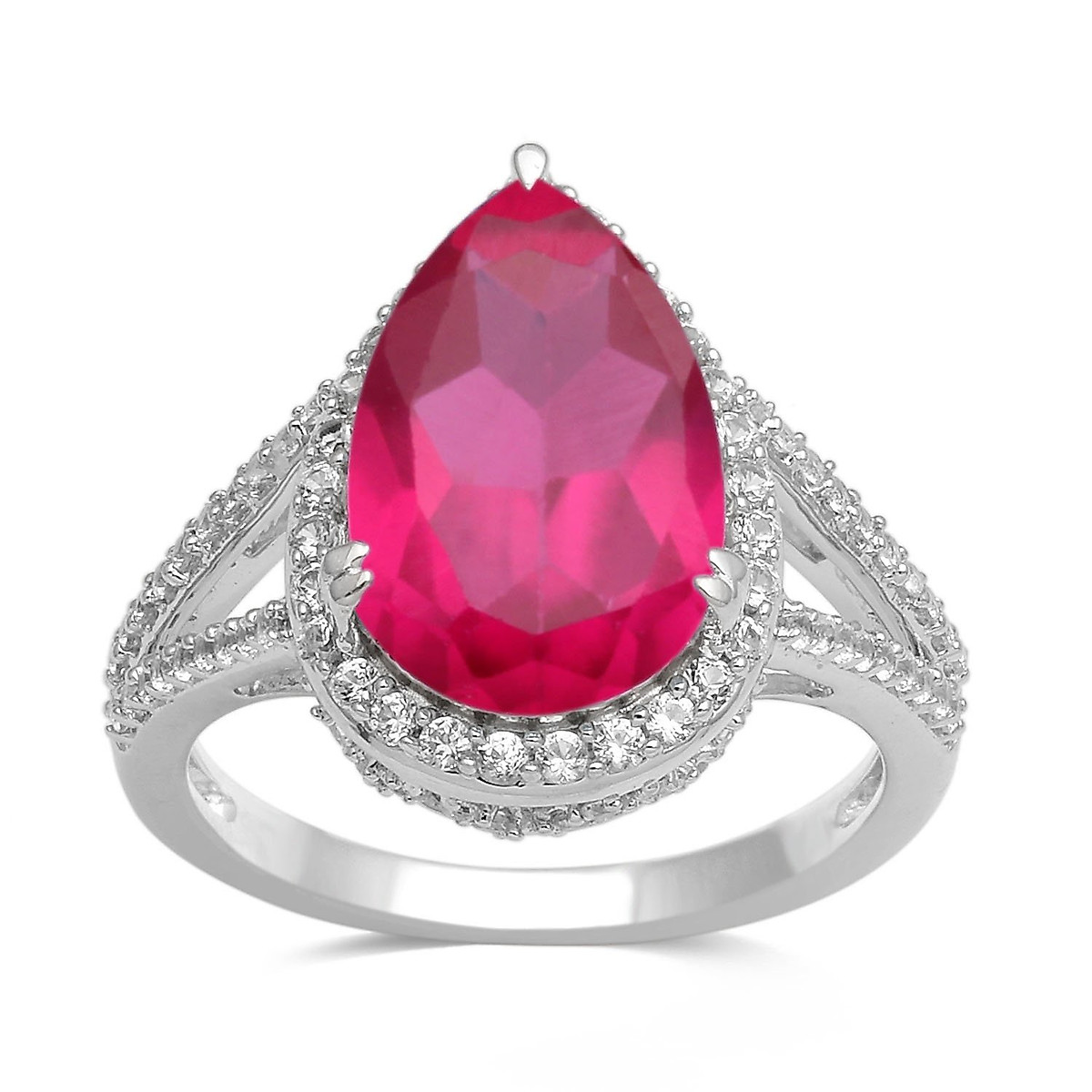 Jewelili Sterling Silver 14x9mm Pear Created Ruby and Round Created White Sapphire Teardrop Halo Ring, Size 8