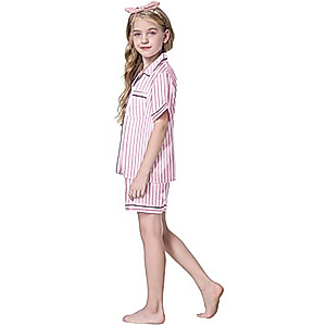 Silk Pjs for Women Set, Cute Silky Matching 2 Pcs Comfy Nightwear Button Down Sexy Soft Satin Summer Pj Short Set, D Pink Stripe, X-Small
