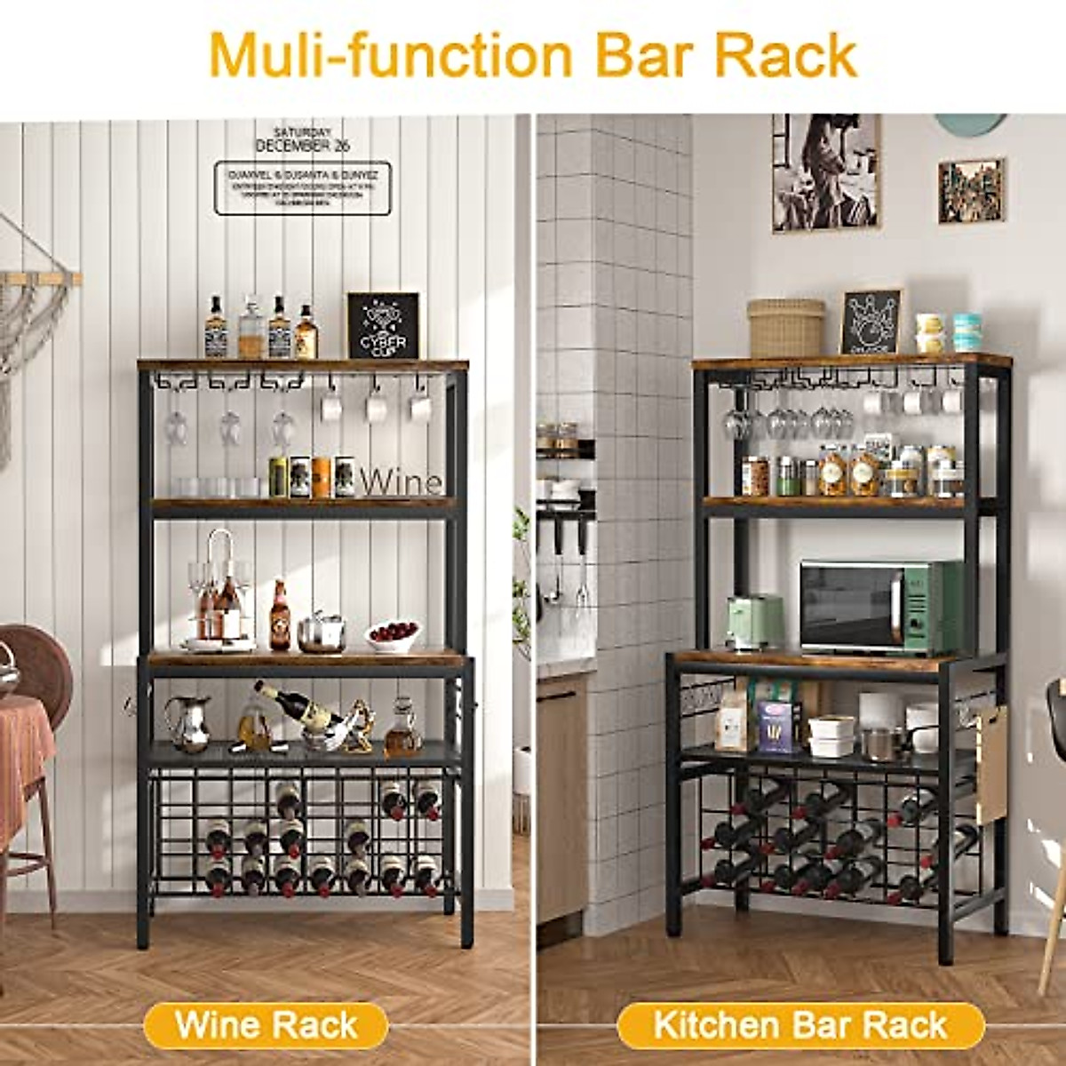 Unikito Wine Rack Table, Modern Freestanding Floor Liquor Bar Table Cabinet with Glass Rack Bottle Shelf, Industrial Wine Bar Cabinet with Storage and Hook for Home Kitchen Dining Room, Rustic Brown