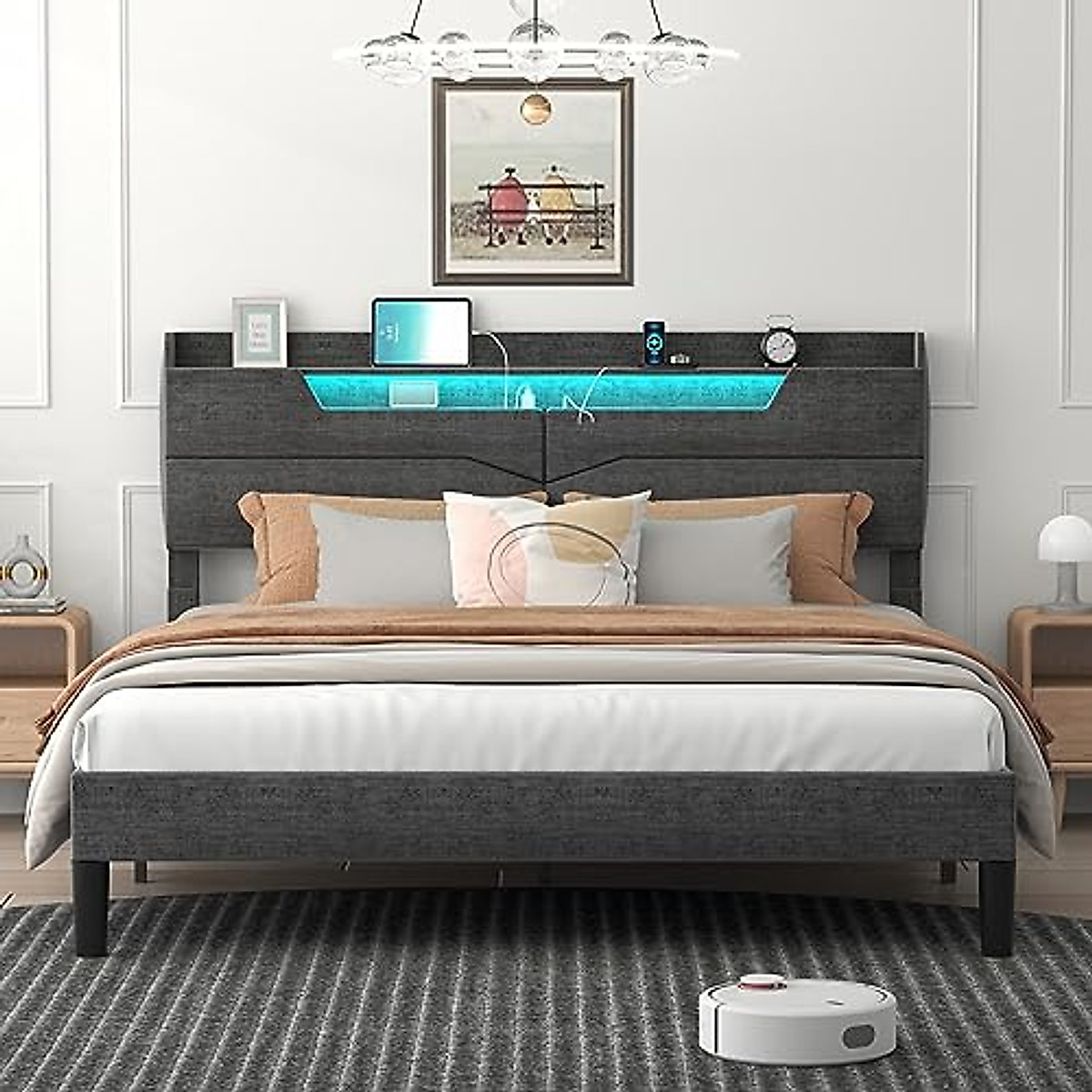 Gyfimoie Upholstered Queen Bed Frame with Adjustable Storage Headboard, Bed Frame Queen Size with Charging Station & LED RGB Light, Platform Bed Frame Wood Slates Support, No Spring Box Needed