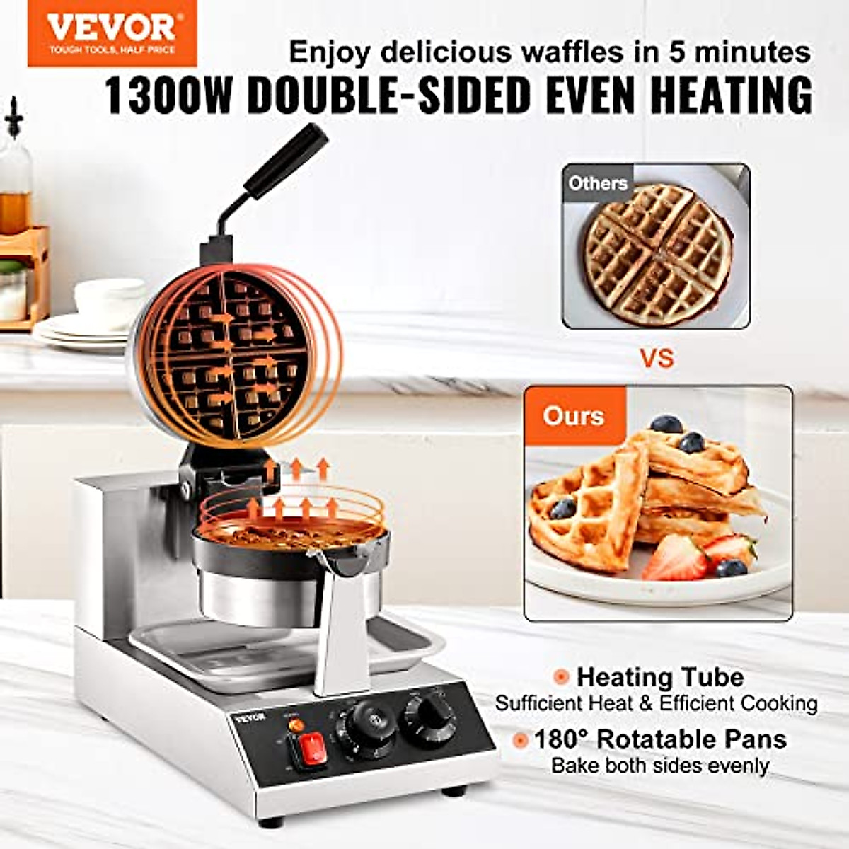 VEVOR Commercial Waffle Maker, 1300W Round Waffle Iron, Non-Stick Rotatable Waffle Baker Machine With 122-572℉ Temp Range and Time Control, Teflon-Coated Baking Pan Stainless Steel Body 120V