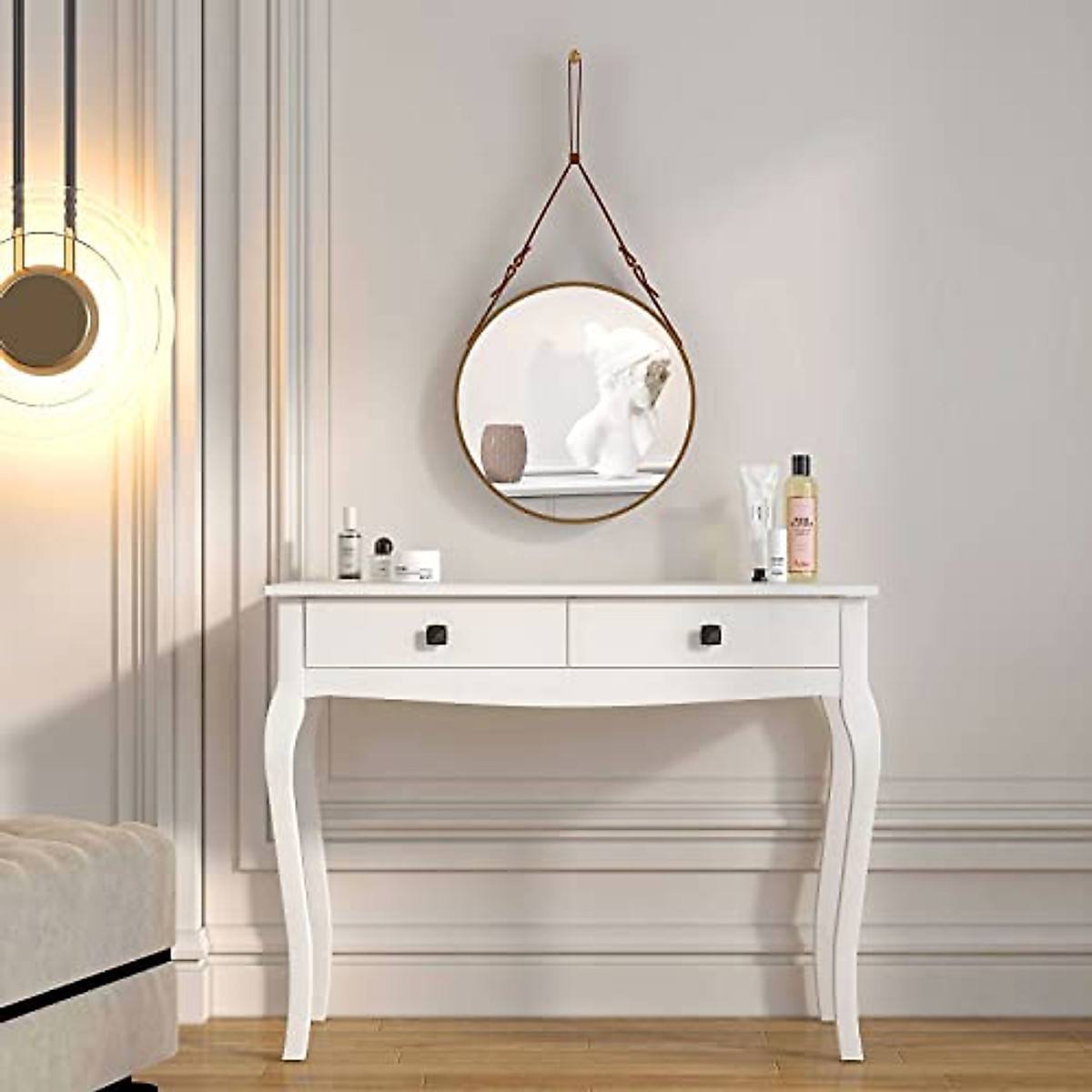 sogesfurniture White Vanity Desk with 2 Drawers, Home Office Desk Vintage Makeup Vanity Table, Curved Legs Writing Desk, Entryway Console Table for Bedroom, Entryway, Home Office