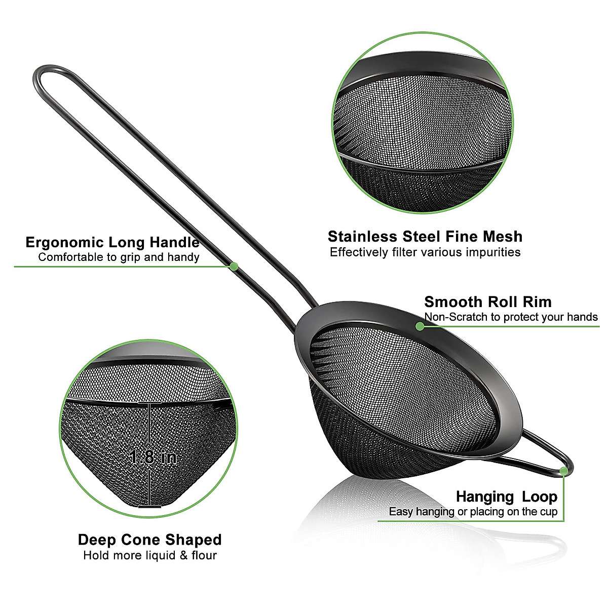 TeamFar Fine Mesh Strainer, 3.3 Inch Stainless Steel Tea Cocktail Coffee Flour Strainer with Long Handle for Kitchen Bar, Small Conical Cone Mesh Strainer, Non-Toxic & Easy Clean, (Set of 2, Black)