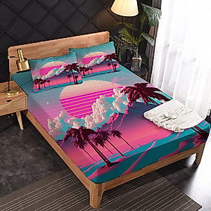 Full Size Sheet Sets - Vaporwave Bed Sheets, Neon Tropical Landscape Bedding Sheets & Pillowcases, Soft Microfiber & Deep Pocket & Wrinkle Free Sheet Set, 1 Fitted Sheet, 1 Flat Sheet, 2 Pillow Cases