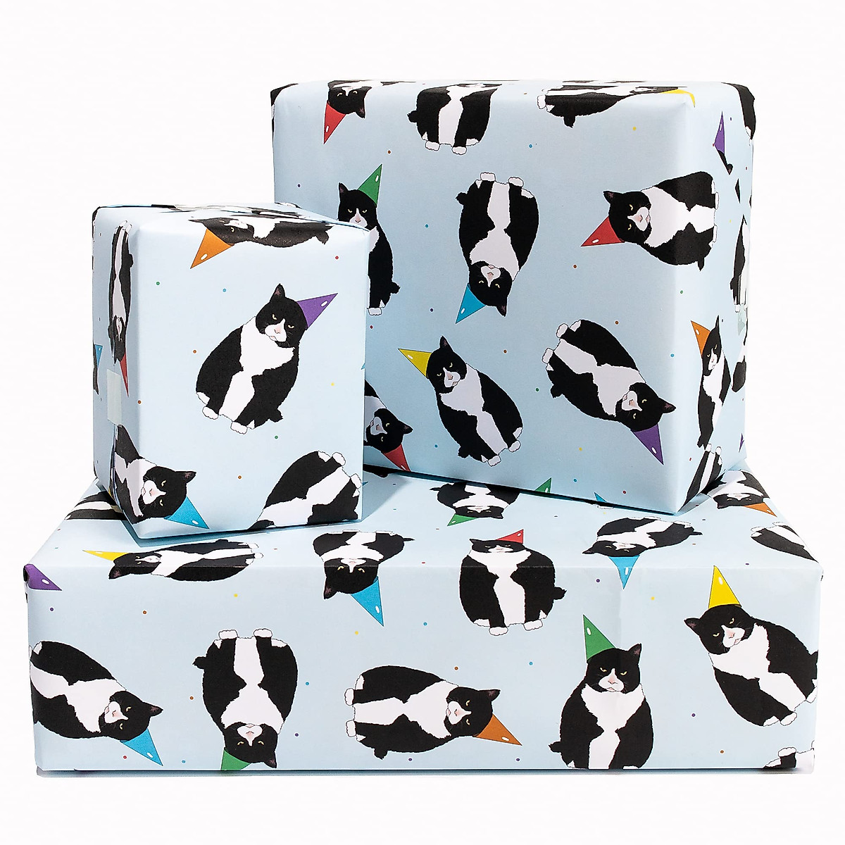 CENTRAL 23 - Blue Wrapping Paper - Cats in Hats - 6 Sheets of Birthday Gift Wrap - For Men Boys Kids - Valentines Day Gift Wrap for Women Her Girls - Recyclable - Comes with Stickers