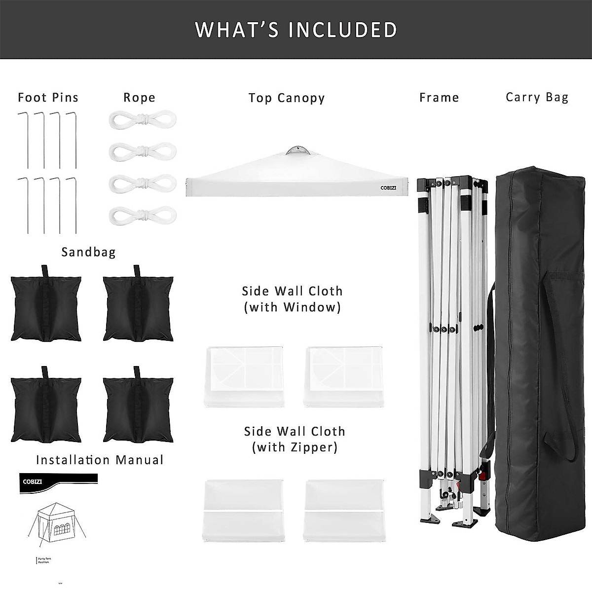 COBIZI Canopy 10'x10' Ez Up Canopy Waterproof Pop up Tent with 4 Removable Sidewalls, Commercial Instant Canopy with Air Vent, 4 Weight Bags, Carry Bag(10x10ft with 4 Sides & 4 Sandbags, White)