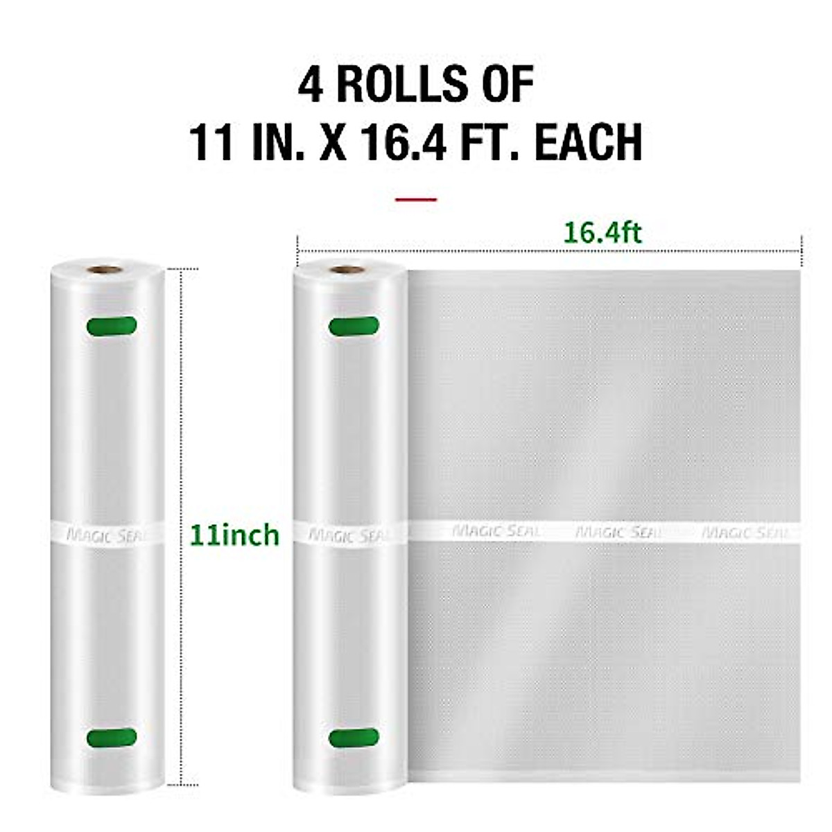 MAGIC SEAL 4 Rolls 11”x 16.4' Vacuum Sealer Bags for Food Saver, Puncture Prevention Seal Storage Textured Bags, BPA Free, Commercial Grade - NOT Work with MAGIC SEAL MS175